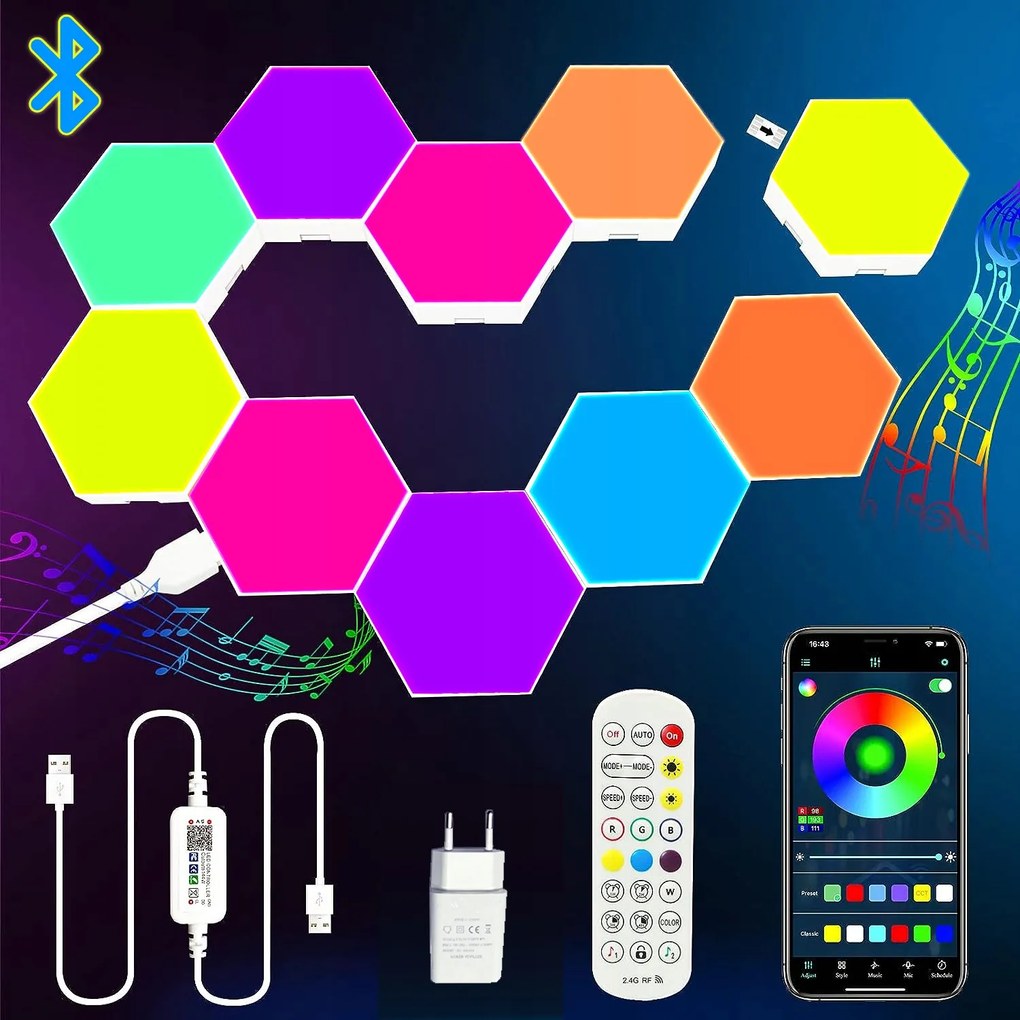 Šestiúhelníková Led Nástěnná Lampa 10x Dekorativní Panel Rgb Lampa Diy Dálkový Ovladač