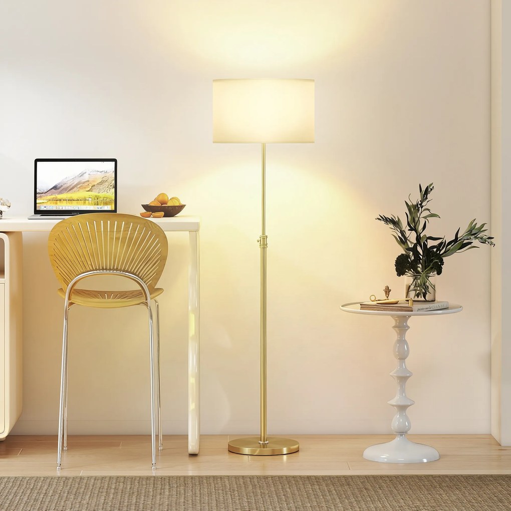 HOMCOM Stojací lampa s dálkovým ovládáním, výškově nastavitelná, látkové stínidlo, kovový stojan, nastavitelná jas, nožní spínač, zlatá barva