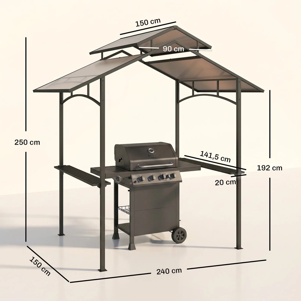 Outsunny Altánek na gril s ohnivzdornou střechou, BBQ altánek se 2 policemi, 2,5 x 1,5 m, ocelový, PC, Černá + Hnědá