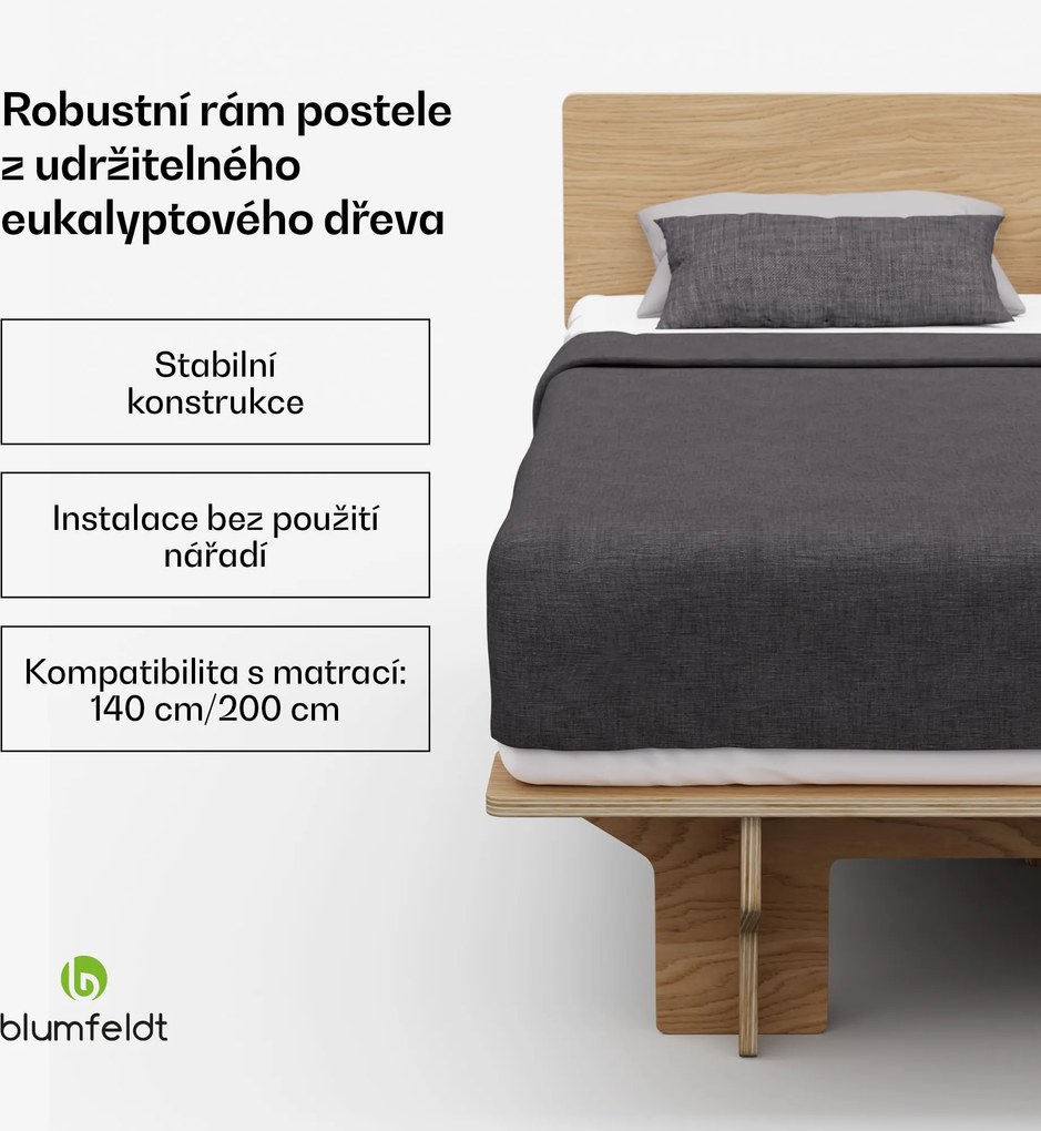 Blumfeldt NordicAura Double rám manželské postele, 140 cm x 200 cm, robustní, bez nářadí, eukalyptové dřevo, polička
