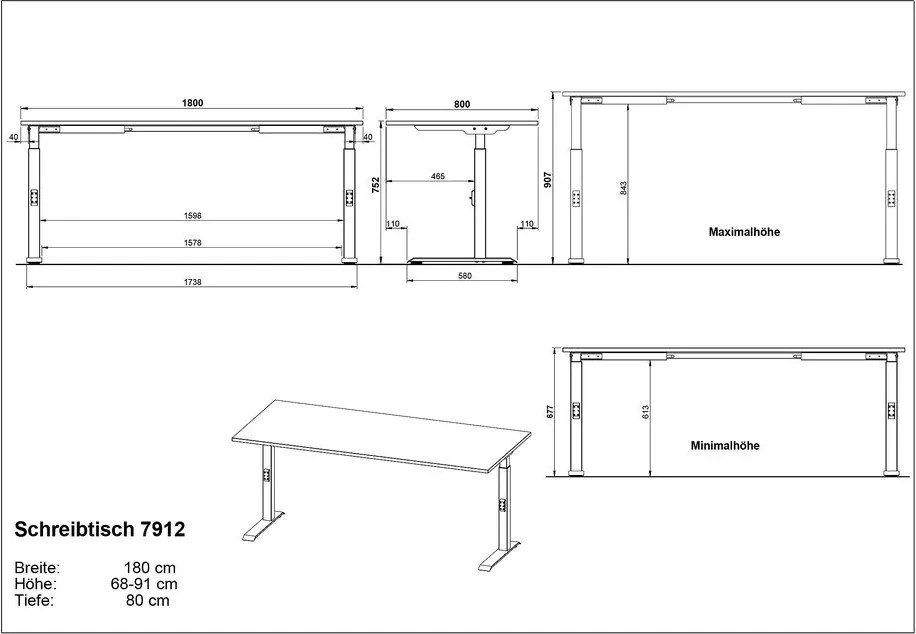 Polohovací pracovní stůl s deskou v dubovém dekoru 80x180 cm Lissabon – Germania