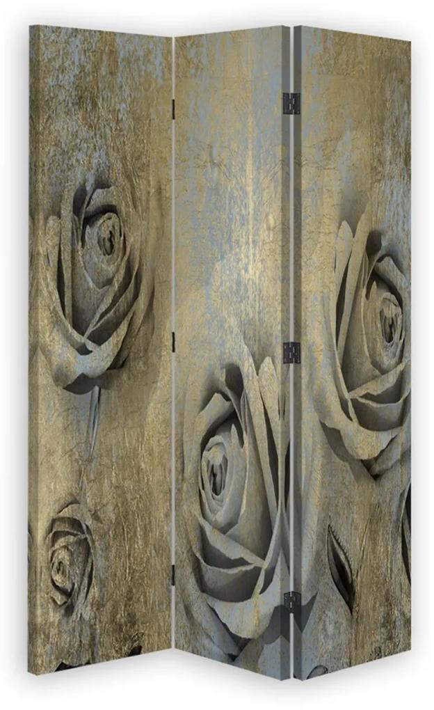Ozdobný paraván Růže Květiny Zlato - 110x170 cm, třídílný, klasický paraván