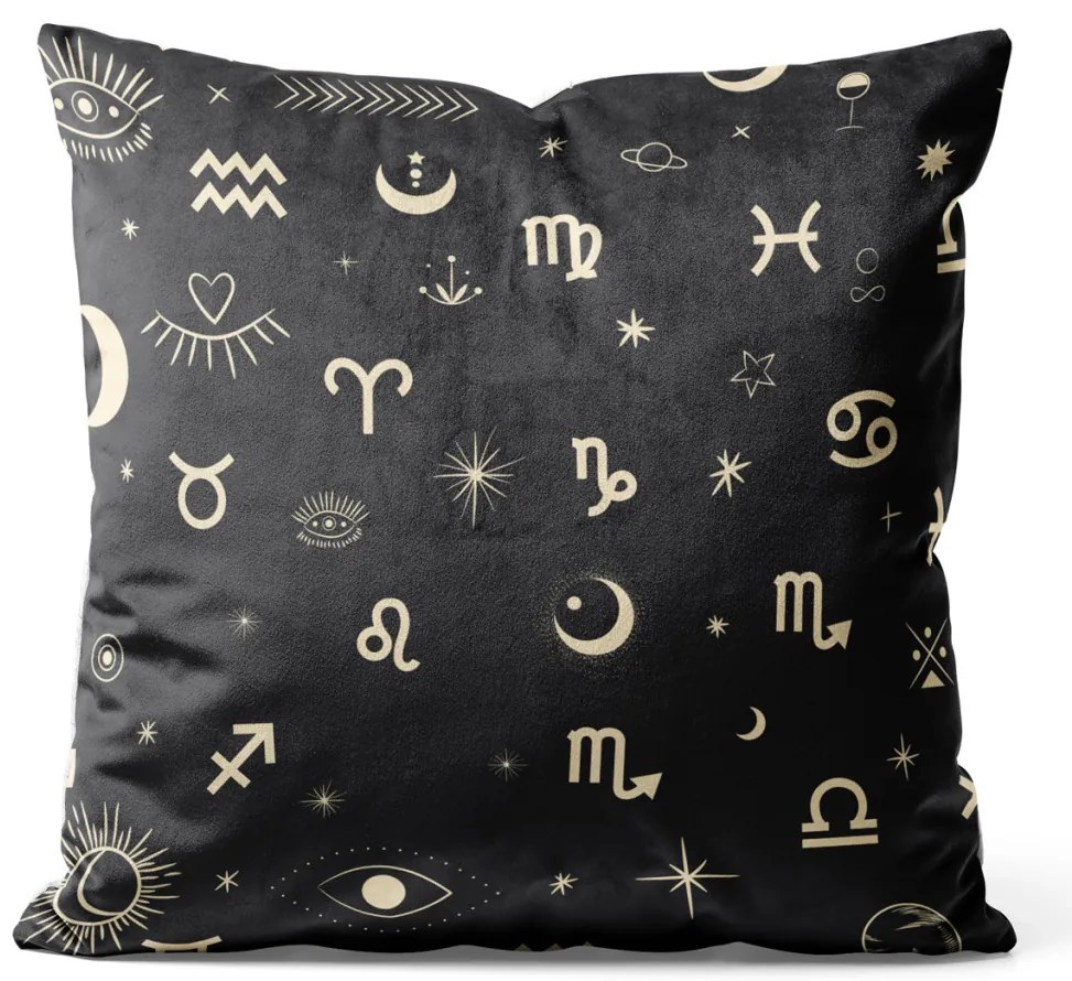 Dekorační velurový polštář Skryté poselství - planety, hvězdy a symbol oka na tmavém pozadí welurowa