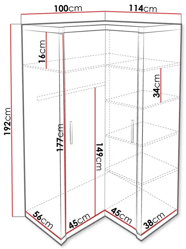 Rohová šatní skříň 114x100 cm ARIKA - dub lanýž