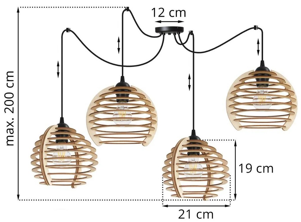 Závěsné svítidlo TIMBER SPIDER, 4x dřevěné stínítko, N