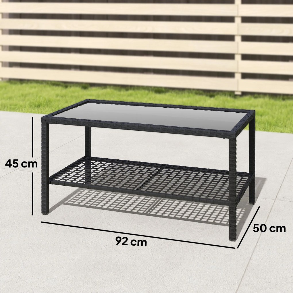 Outsunny ratanový zahradní odkládací stolek s policí, vrchní deskou z tvrzeného skla a ocelovým rámem — 92 x 50 x 45 cm, černý