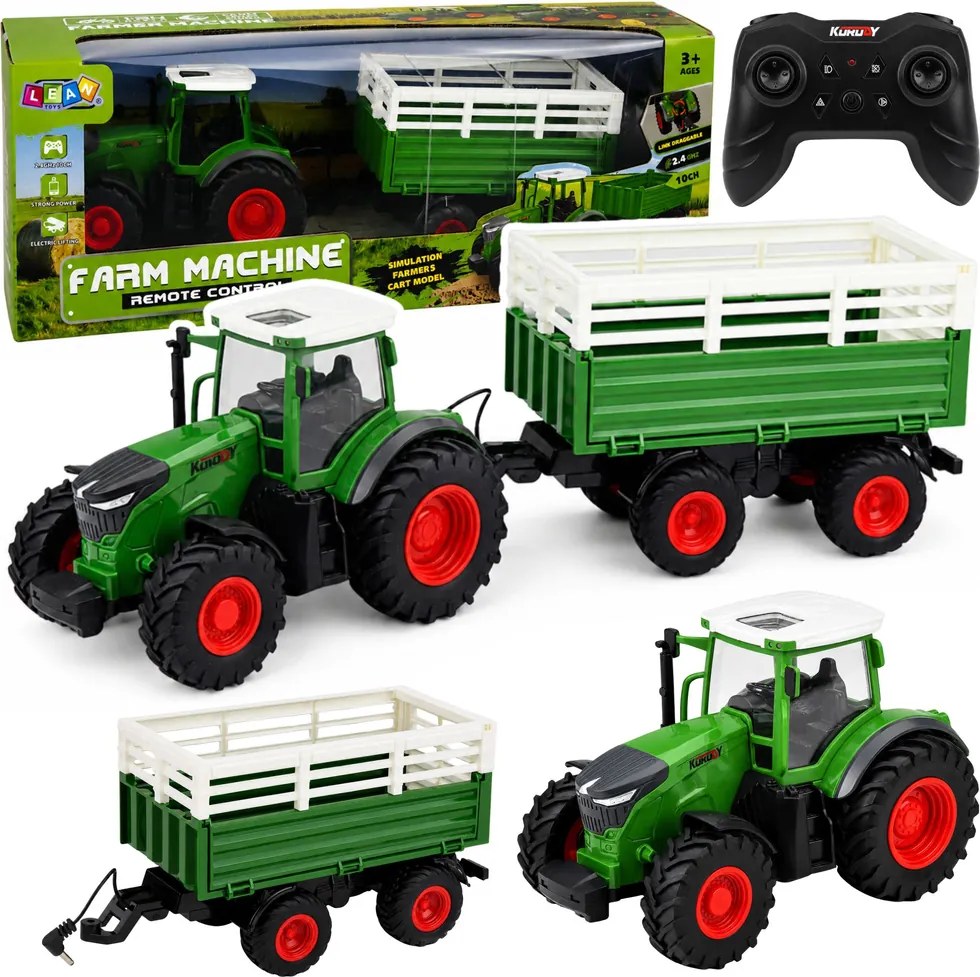 LEAN Toys Zemědělský traktor s vyklápěcím přívěsem, dálkově ovládaný RC, se světly, měřítko 1:24