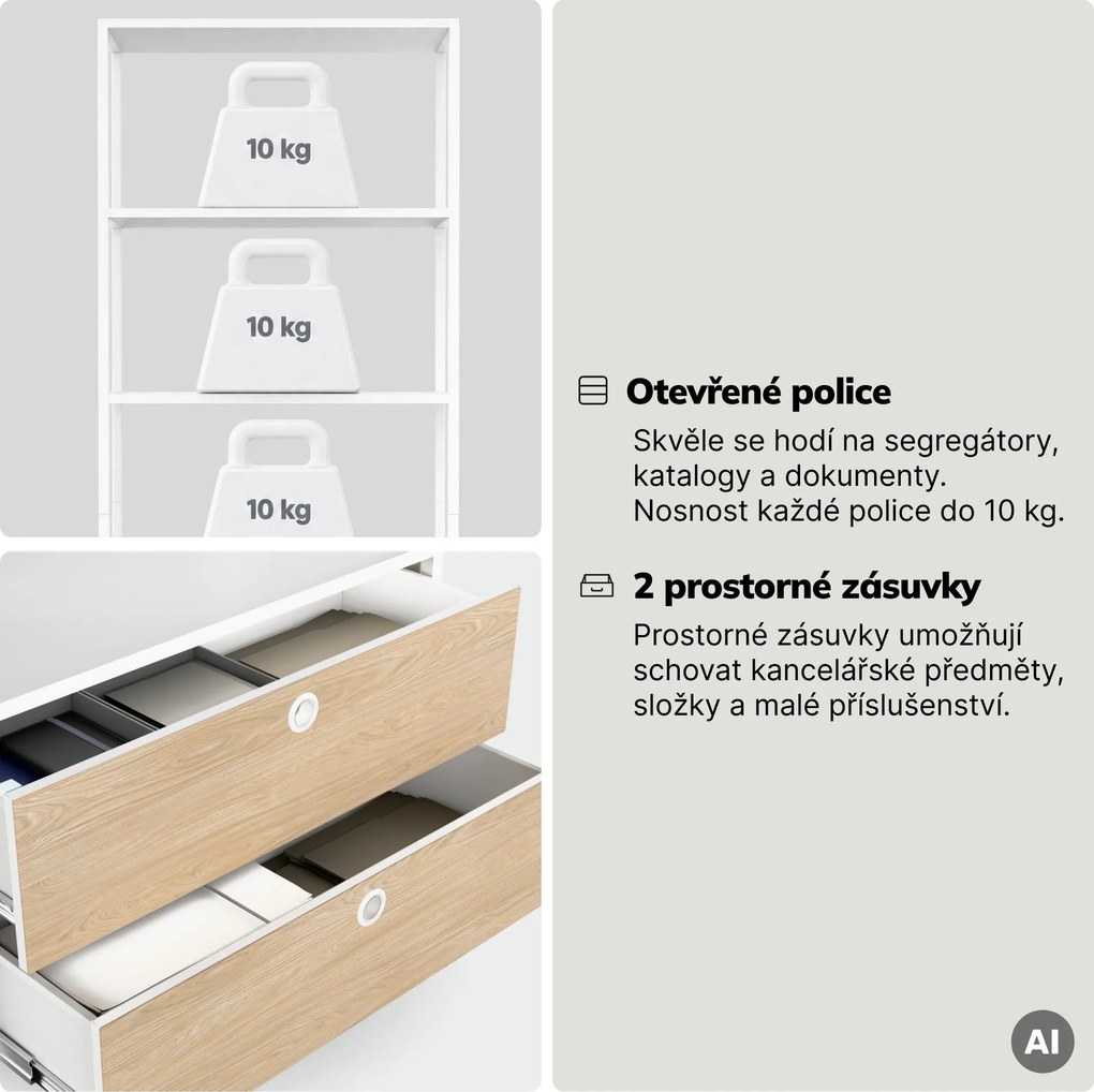 Regál se zásuvkami do kanceláře, na šanony a dokumenty, otevřené police, kovový, bílý/dub sonoma, 800x2200x400 mm: ARIEL Eco Design