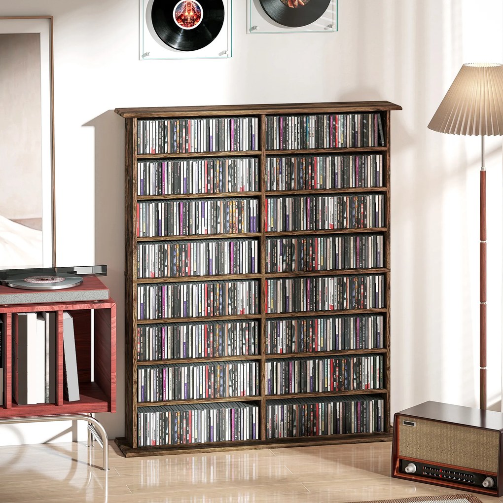 HOMCOM úložný prostor na CD a DVD s 16 přihrádkami a 12 nastavitelnými policemi, maximální kapacita 720 CD/396 DVD a Blu-ray, hnědá