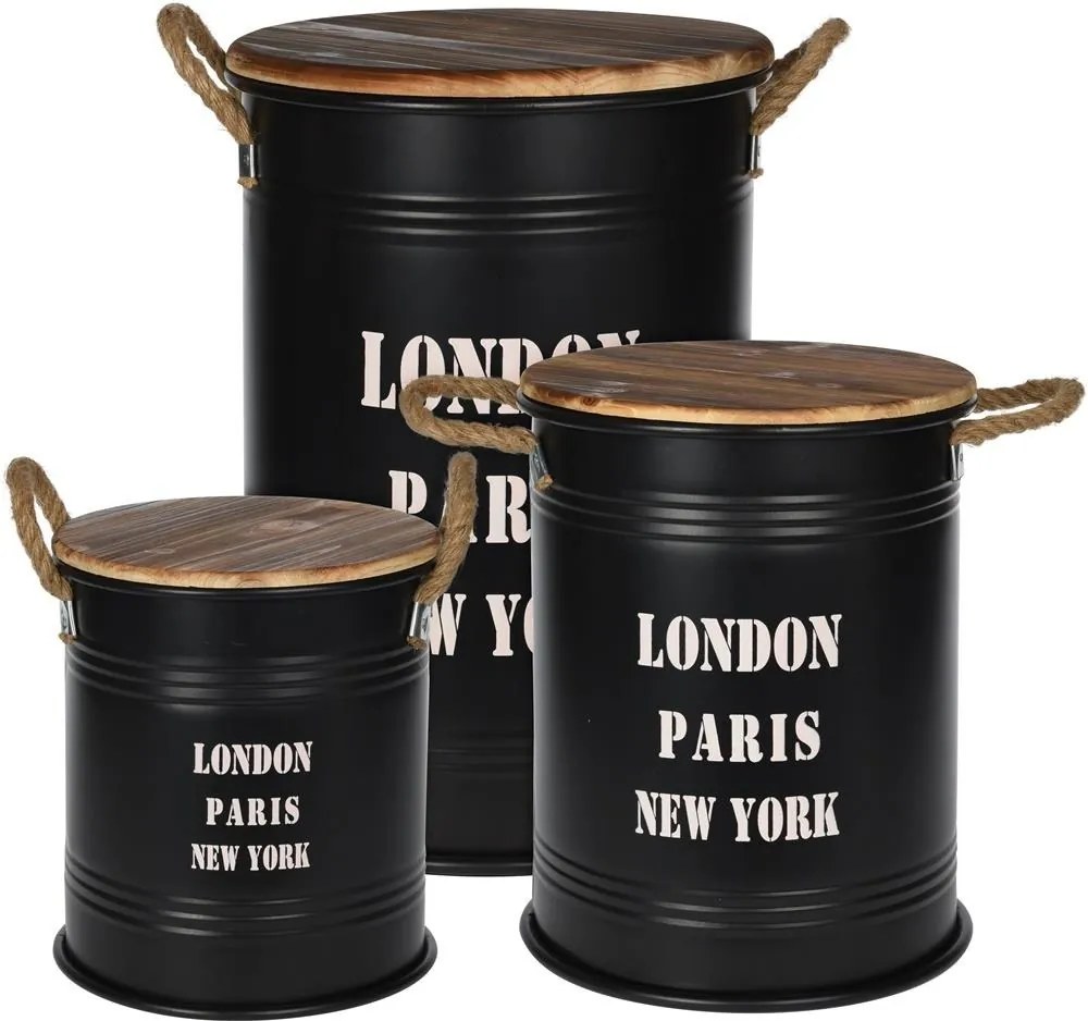 Černé kovové kontejnery s dřevěným víkem, tři kusy v sadě, 33x50 cm, 28x35 cm, 24x28 cm (8719202462517)