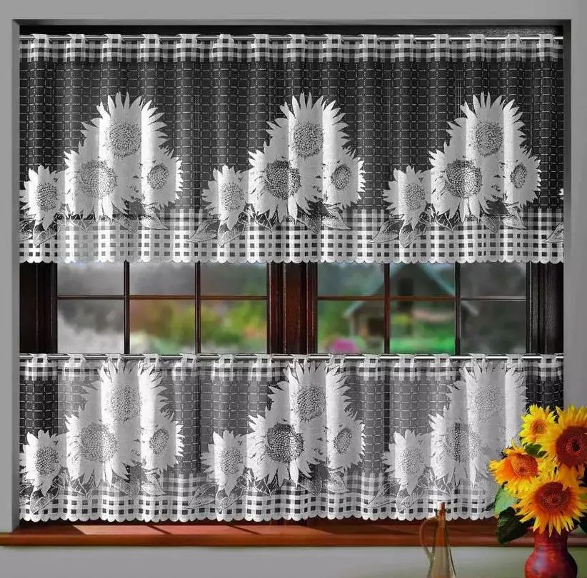 Metrážové vitrážky stříbrné na černém tle W-625382 Slunečnice ( více rozměrů ) 2023, Rozměr metráže výška záclony 50cm, Šití metráže bez šití