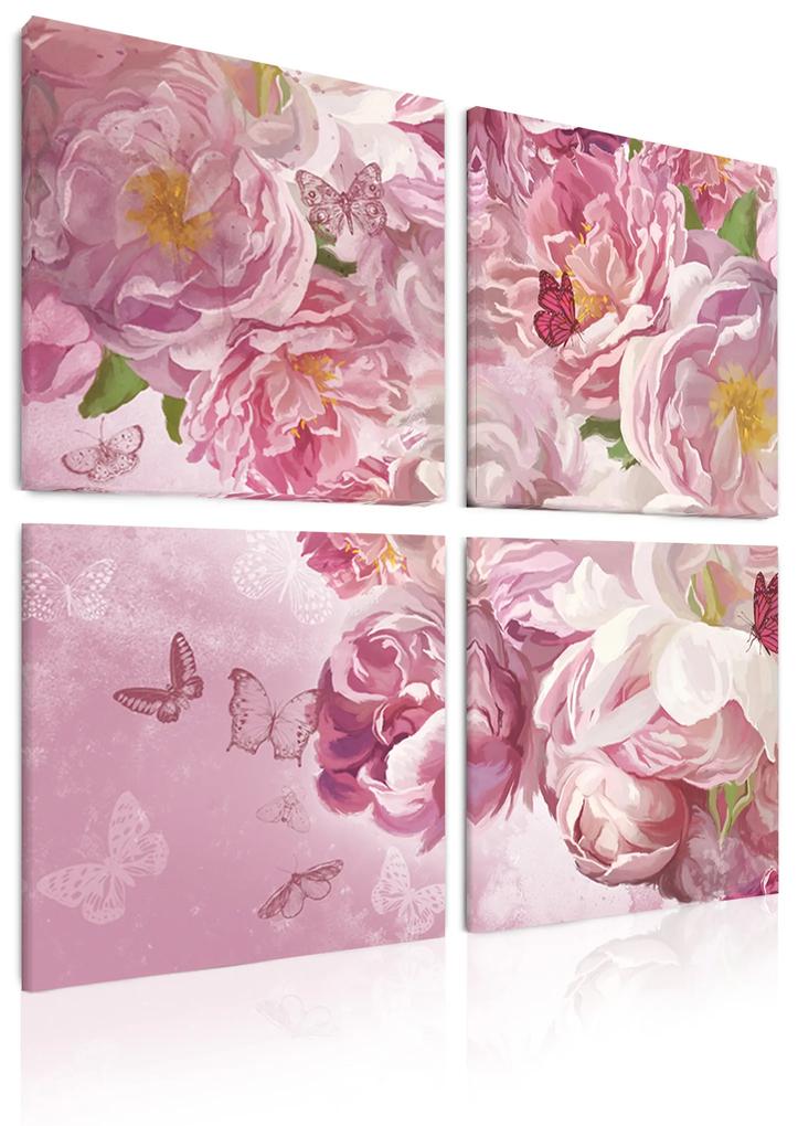 Malvis ® Obraz růžové květy s motýly ROZMĚR (šířka x výška): pětidílný obdélník 200x90 cm