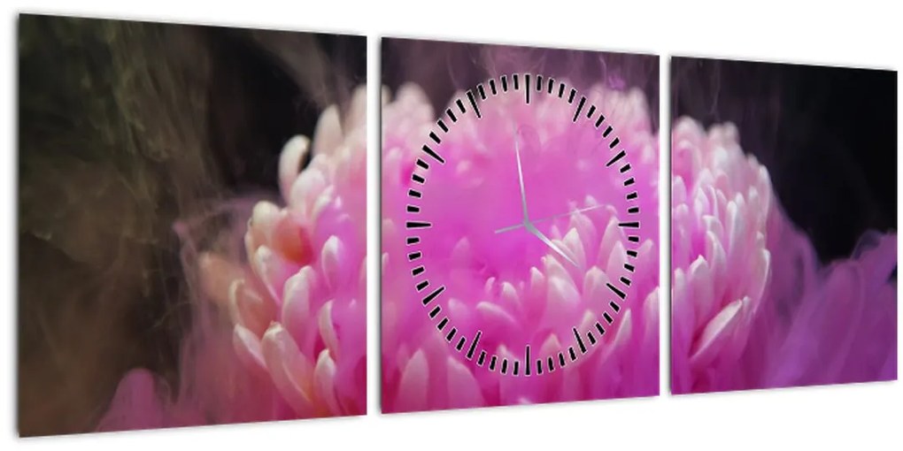 Obraz květiny v růžovém dýmu (s hodinami) (90x30 cm)