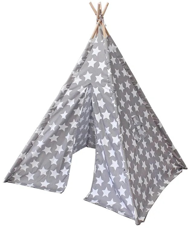 Šedý dětský teepee stan s motivem hvězd 110cm x 140cm