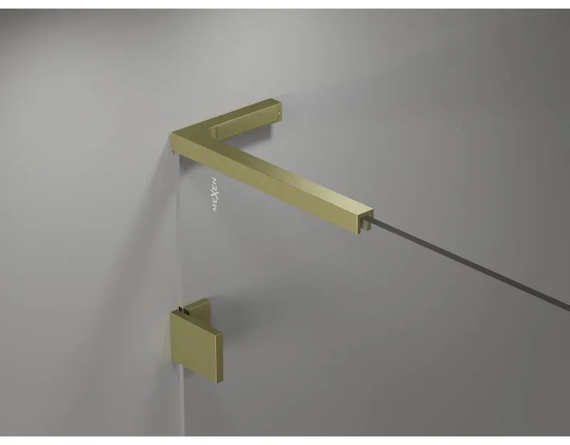 Mexen Lunar, L pravý výklopný pětiúhelníkový sprchový kout 100x100 cm, 8mm čiré sklo, zlatý matný profil, 831L-100P-100L-55-00-P