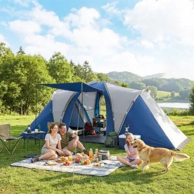 Outsunny dvouvrstvý tunelový rodinný stan pro 4-5 osob s 2 kajutami a obývacím prostorem pro 12 osob, modrý