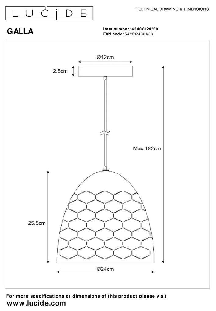 Lucide 43408/24/30 závěsné svítidlo Galla, černé, E27, ø24cm