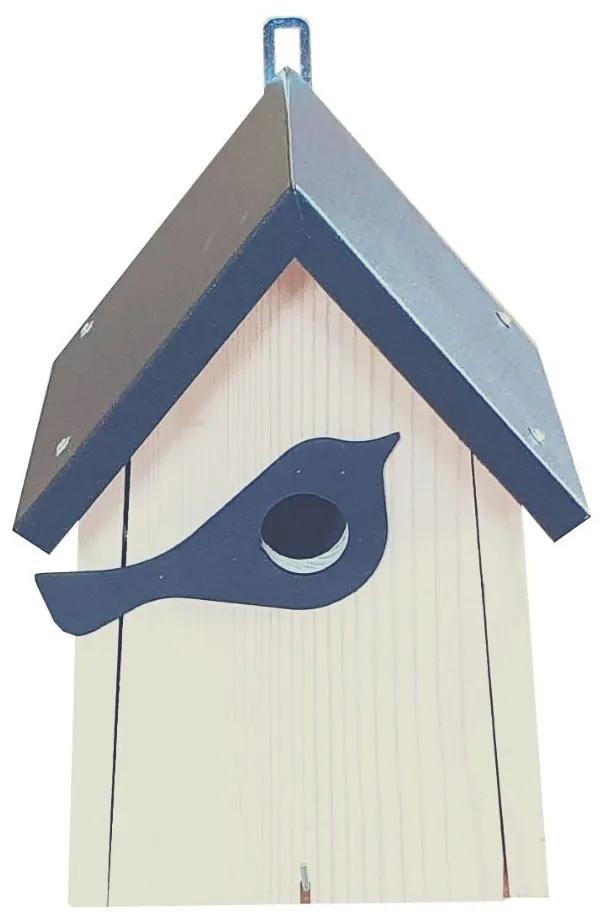 Dřevěná budka pro ptáčky na hnízdění s šedou střechou
