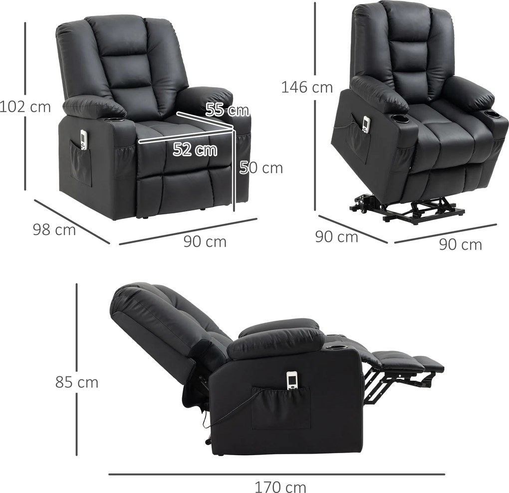 Masážní křeslo HOMCOM, polohovací křeslo se stojanem, TV křeslo s USB připojením, s funkcí polohování, kolečka, dálkové ovládání, do 150 kg, černé | …