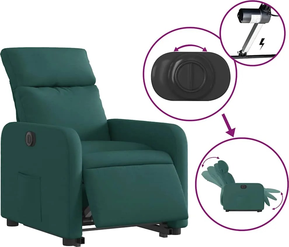 Elektrické zvedací polohovací křeslo tmavě zelené textil 3206723