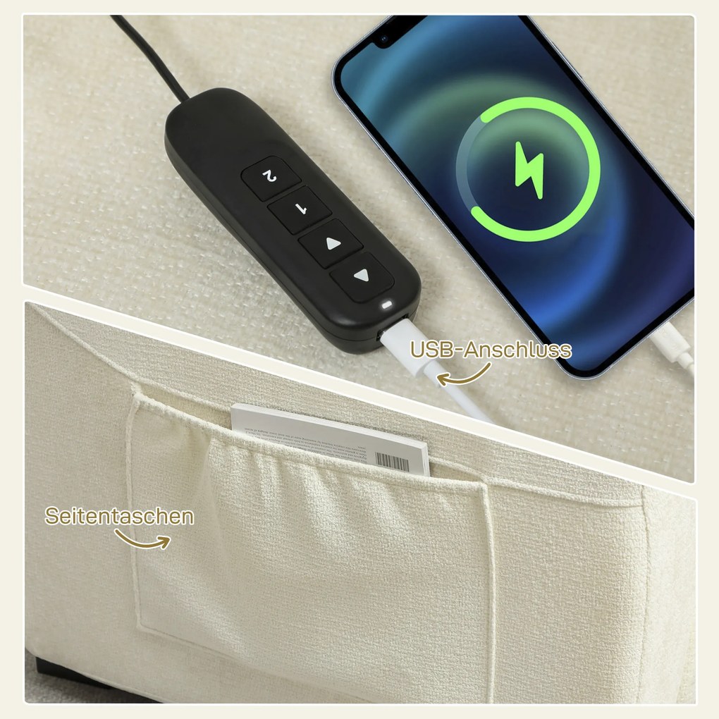 HOMCOM Elektrické relaxační křeslo televizní křeslo s opěrkou nohou, bočními kapsami, bezkartáčovým motorem, USB portem, dálkovým ovládáním