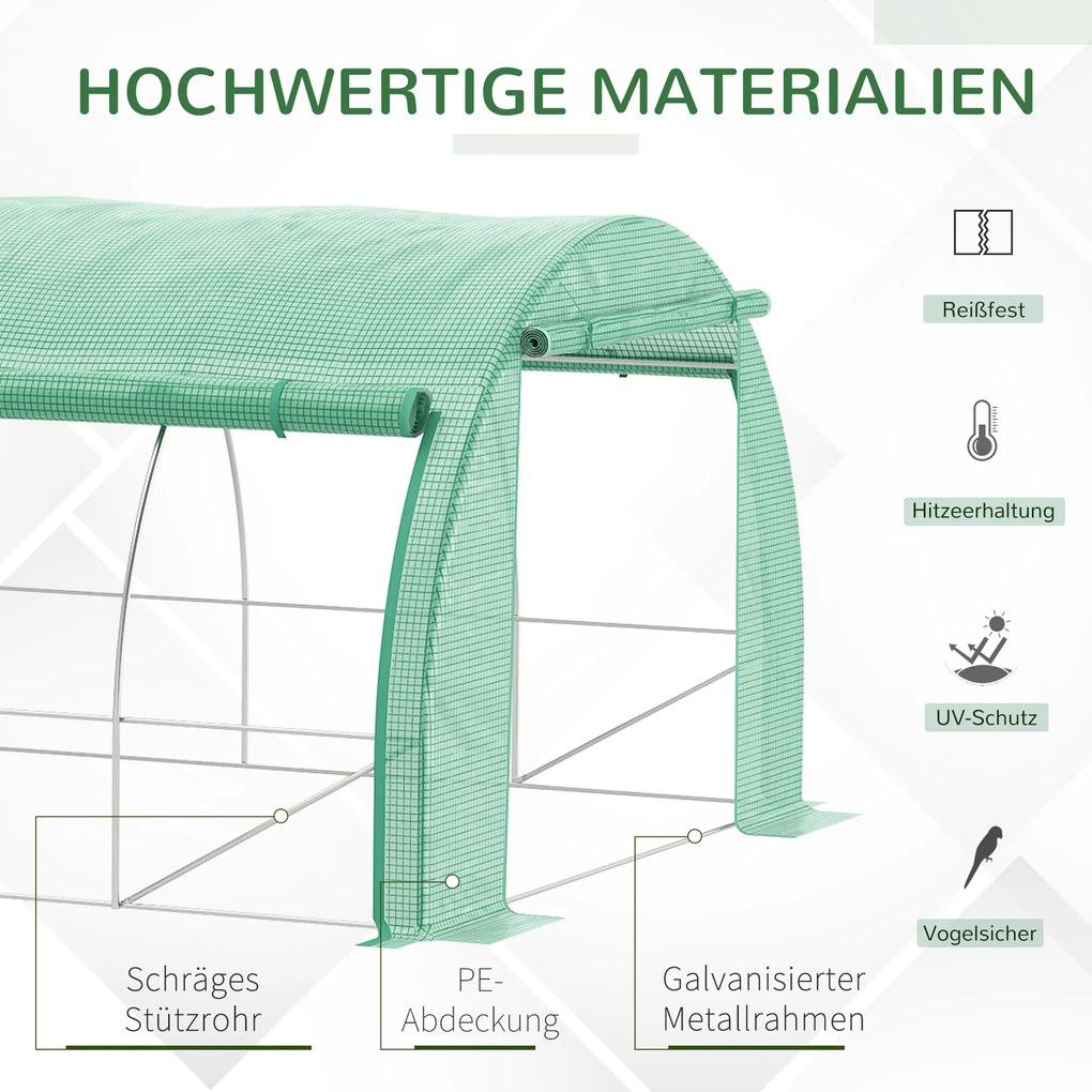 Outsunny polytunelový skleník 6x3x2m s UV ochranou, průchozí, rolovací kryty z trubkové oceli, zelený