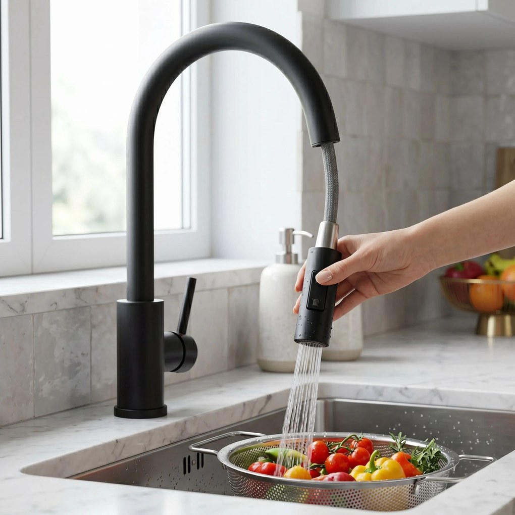 Rea Fresh Touch, vysoká kuchyňská baterie s výsuvnou 2-funkční sprškou, černá matná, REA-B6734