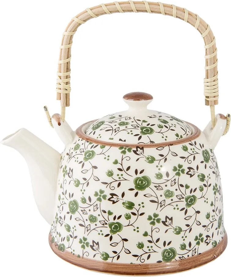 Porcelánová konvička se sítkem a zelenými květy - 18*14*12 cm / 700 ml
