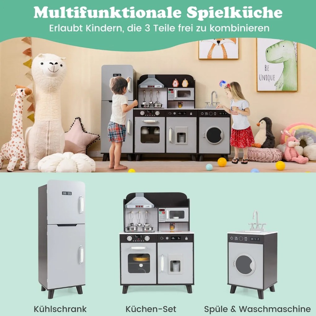 Costway Dětská kuchyňka s příslušenstvím 3 v 1 dětská kuchyňka dřevěná s lednicí