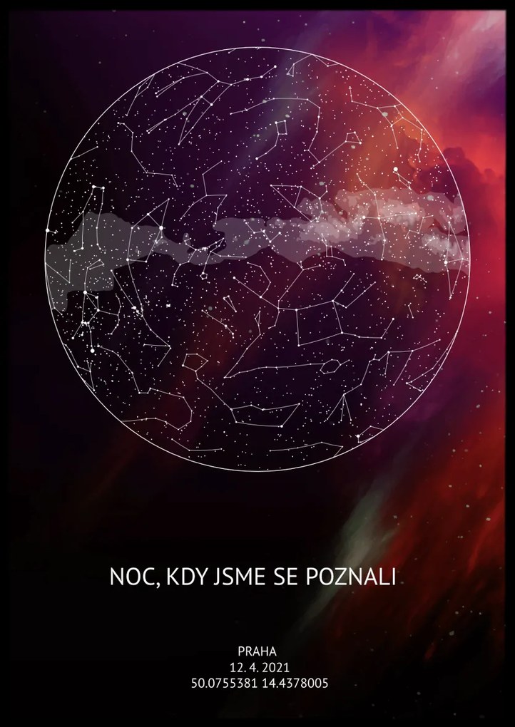 Plakát Hvězdná mapa vašeho životního okamžiku Velikost: A3 - 29,7x42 cm, Volba rámu: bez rámu, Vzhled: Bílá