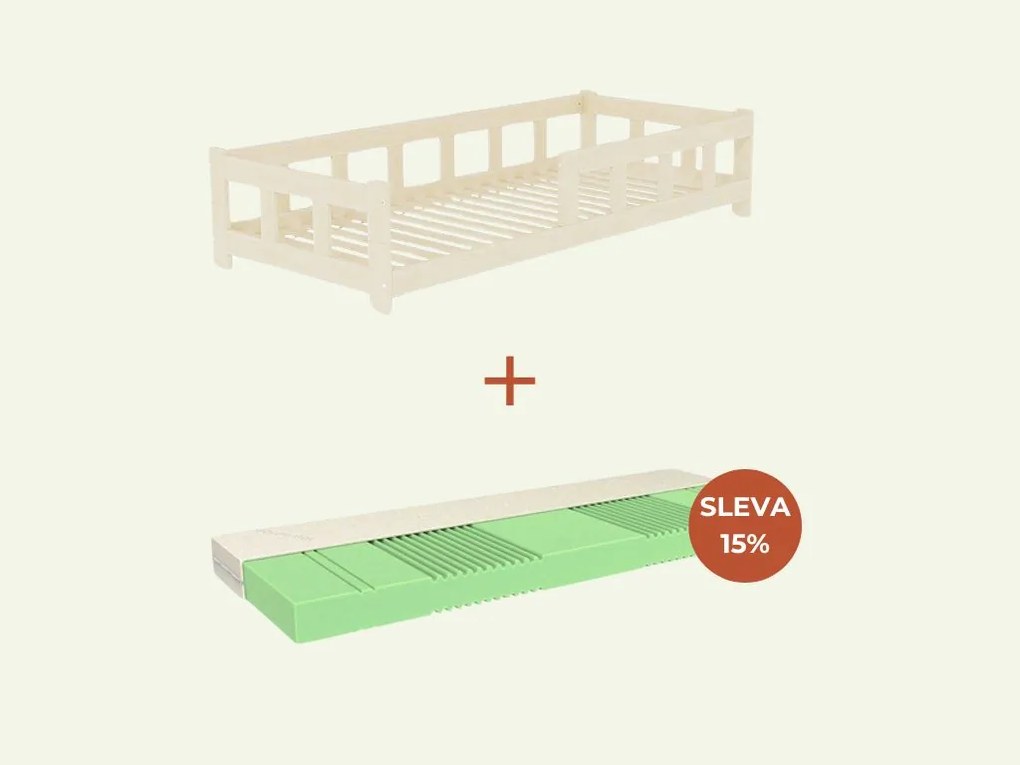 Benlemi Nízké jednolůžko FENCE 4v1 se zábranou 120x200 cm + matrace ADAPTIC Zvolte barvu: Bílá, Zvolte zábranu: S jednou zábranou vpravo