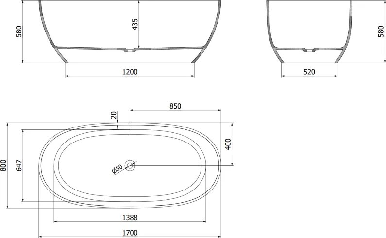 Mexen Pure, volně stojící průsvitná vana 170 x 80 cm, chromová zátka, 58071708012
