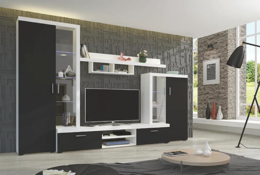 Moderní obývací stěna Astra černo-bílá bez LED osvětlení | BIANO