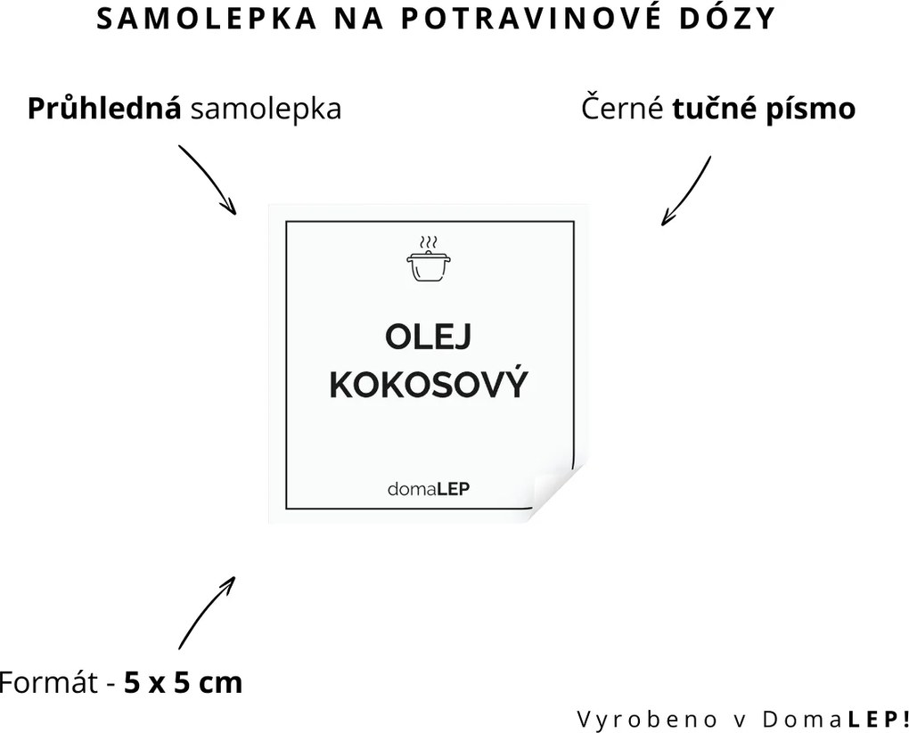 OLEJ KOKOSOVÝ - omyvatelná samolepka na dózu, výběr rozměrů Ø 5 cm / 5 x 5 cm / 6 x 8 cm | DomaLEP tvar: KOLEČKO, barva: PRŮHLEDNÁ - ČERNÉ písmo, velikost: Ø 5 cm - tučné písmo