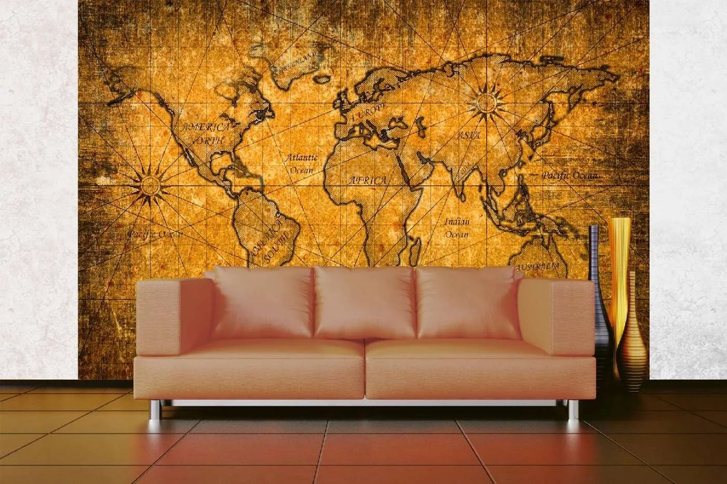 DIMEX | Samolepicí vliesová fototapeta na zeď Vintage mapa světa VI. MA-5-1564 | 375 x 250 cm | zlata, žlutá, hnědá