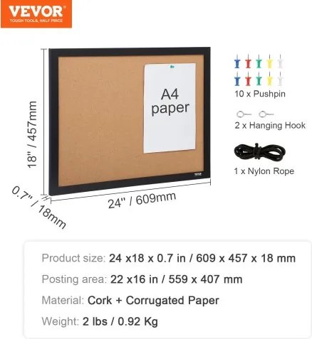 Korková nástěnka, 61 × 45,7 cm, oboustranná nástěnka s rámečkem na nálepku MDF