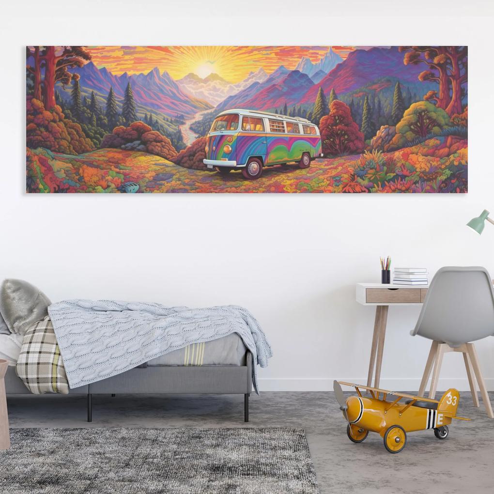 Obraz na plátně - Západ slunce v horách a hippie dodávka vanlife FeelHappy.cz Velikost obrazu: 180 x 60 cm
