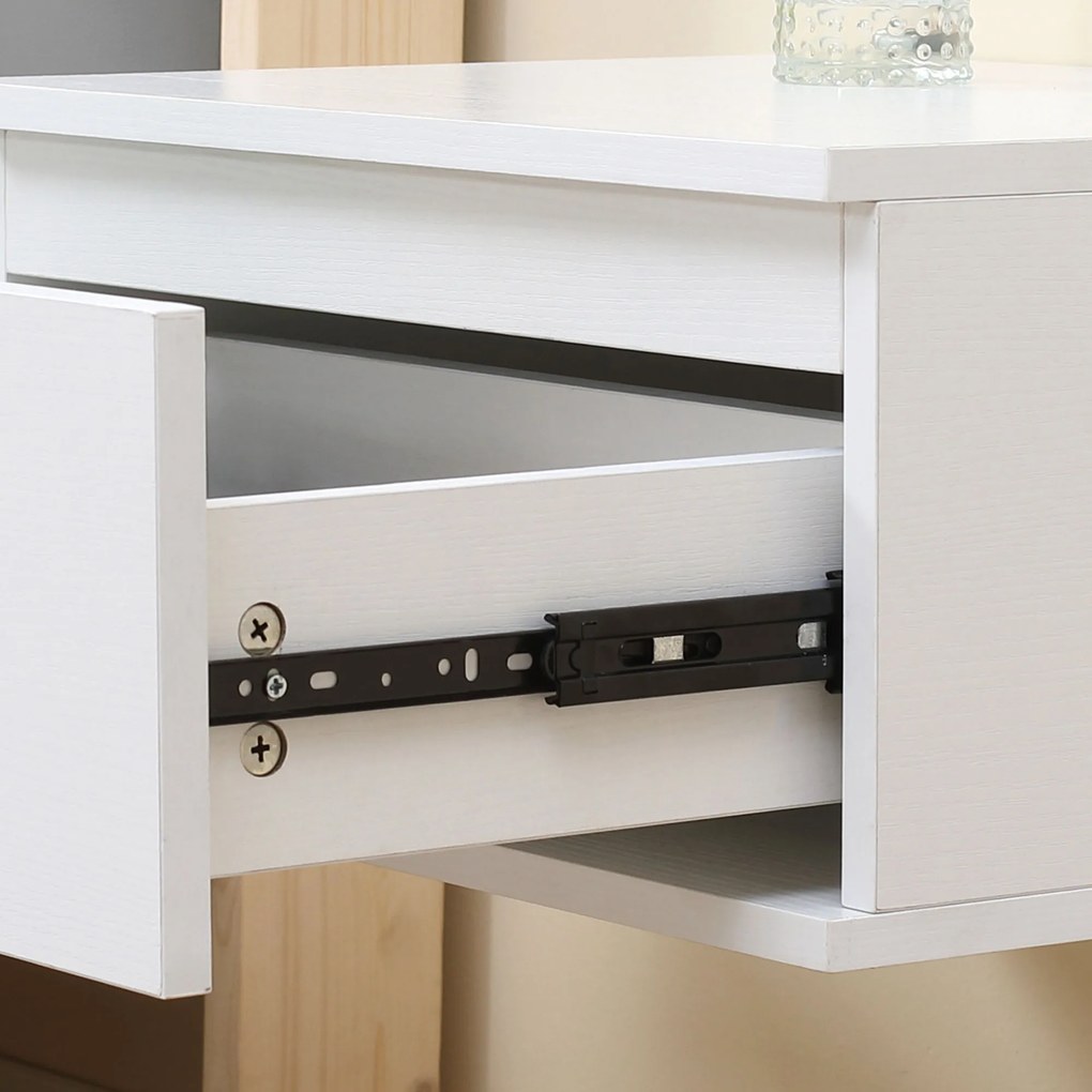 HOMCOM Sada 2 moderních nočních stolků s výsuvnou zásuvkou a závěsným designem do ložnice a obývacího pokoje, z dřevotřísky a MDF, 49x38x23cm, bílá