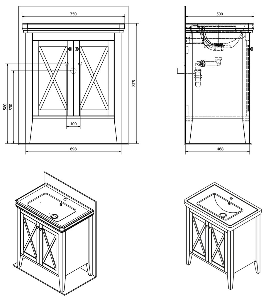 SAPHO CROSS retro umyvadlová skříňka 70x81x47cm, starobílá CR275