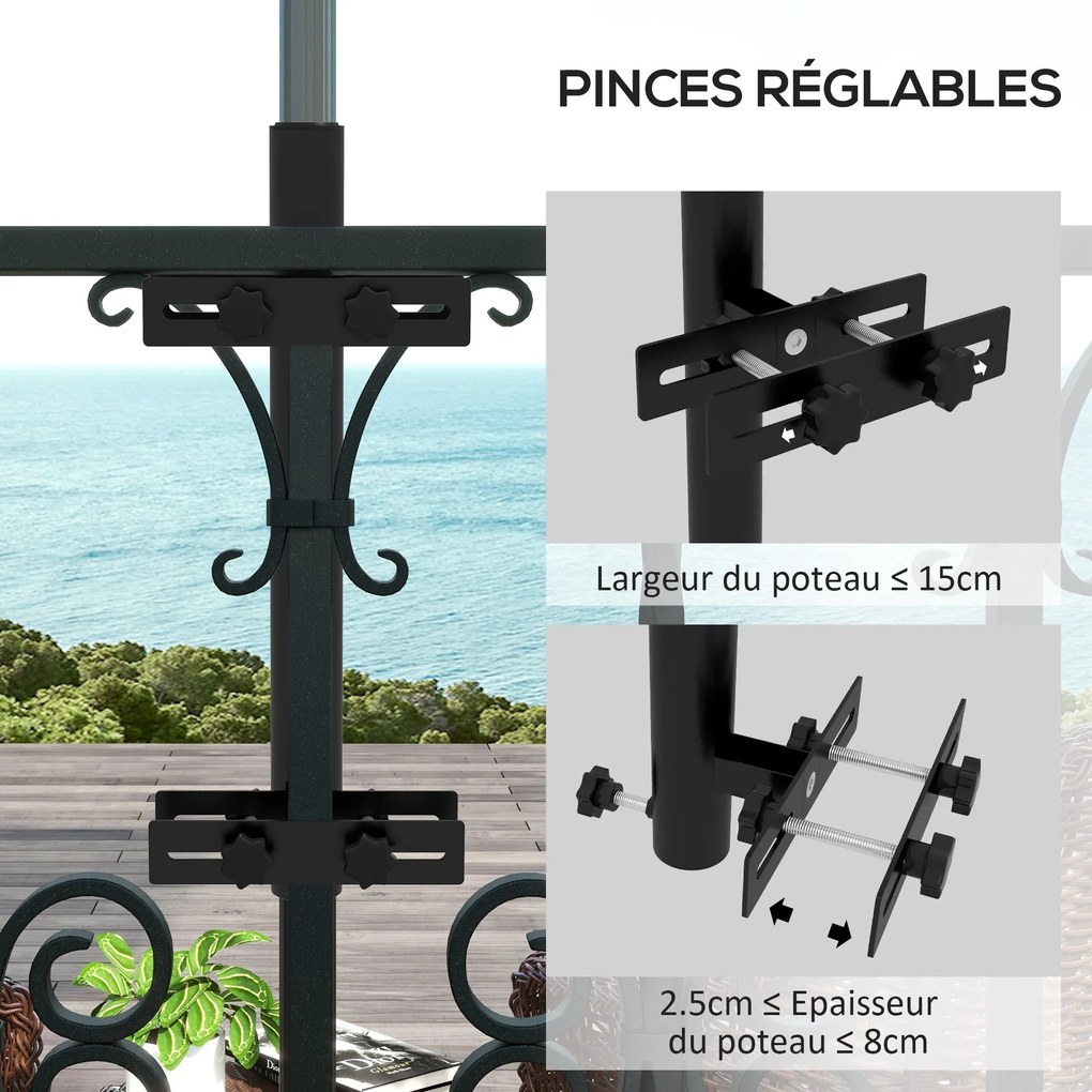 Držák slunečníku Outsunny na balkon s nastavitelnými svorkami pro zábradlí, podporuje slunečníky s průměrem 48 mm a 38 mm, 21x14x58 cm, černý kov | Ao