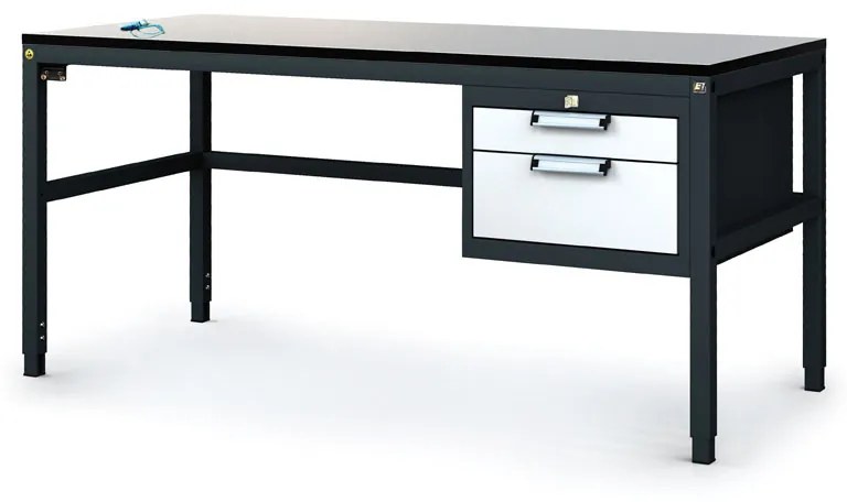 Antistatický dílenský ESD stůl, 2 zásuvkový box na nářadí, 1600x800x745-985 mm