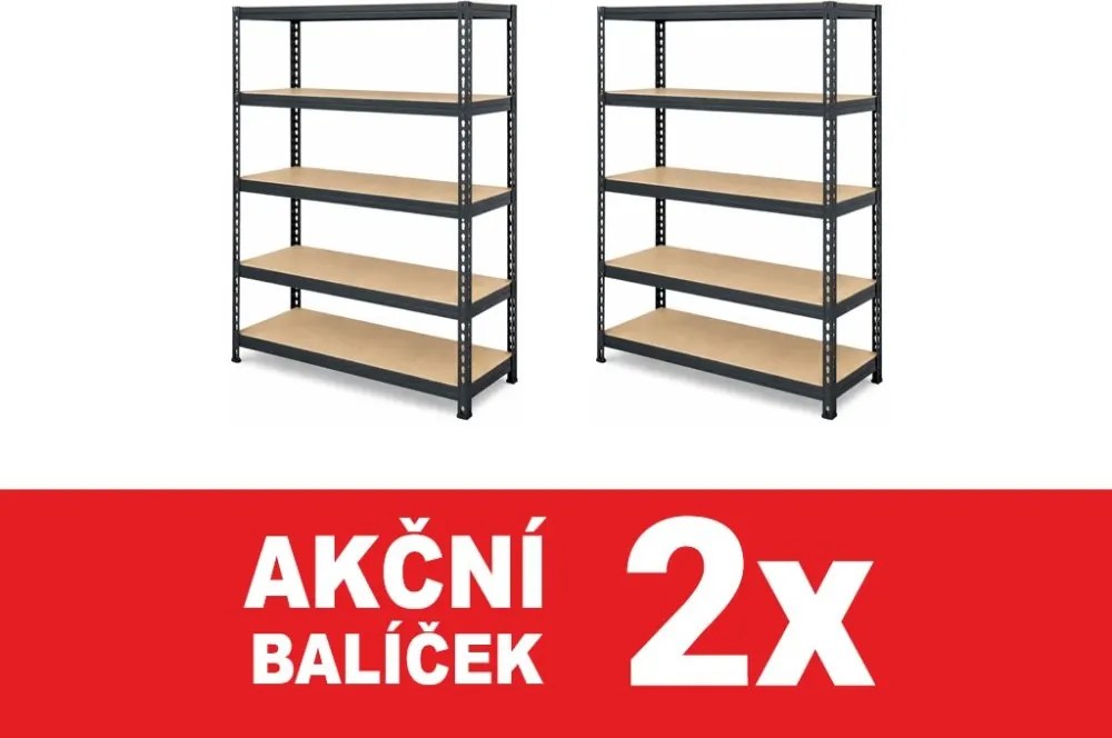 Akce 2x Regál 183x75x40 cm lakovaný 5-policový, nosnost 1000 kg, RIVET - černý