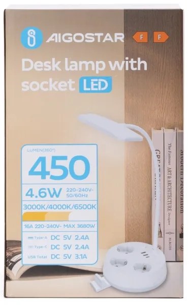 Aigostar - LED Stmívatelná stolní lampa se zásuvkami a USB LED/4,6W/230V bílá