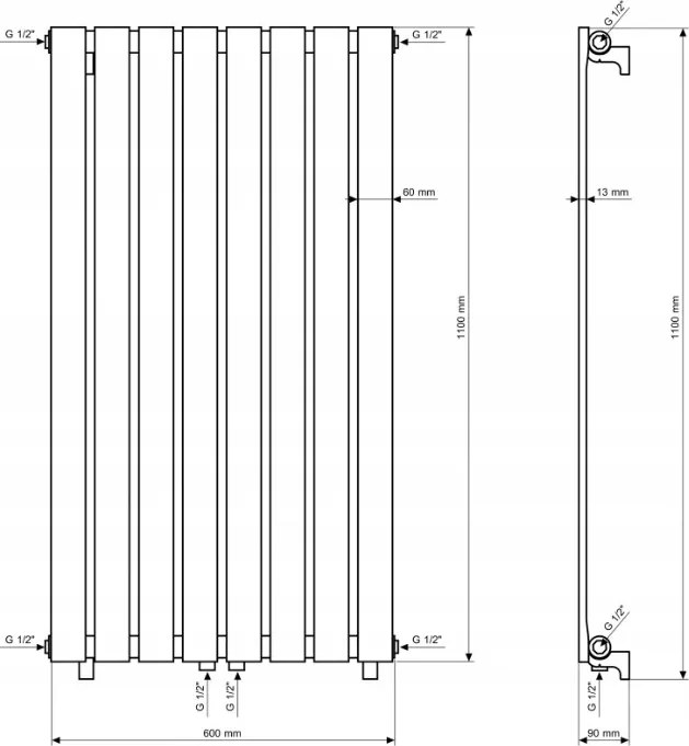 Gamma Vertical, topné těleso 600x1100 mm, 737 W, černá matná, GMA-VERT-11060-BK