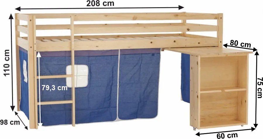 Tempo Kondela Multifunkční postel ALZENA 90x200 s PC stolem, borovicové dřevo/modrá