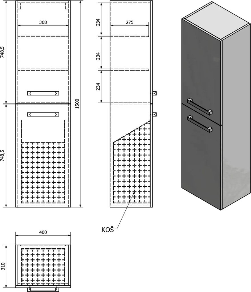 Aqualine Vega skříňka vysoká s košem 150 cm dub platin VG960 Koupelny Bernold