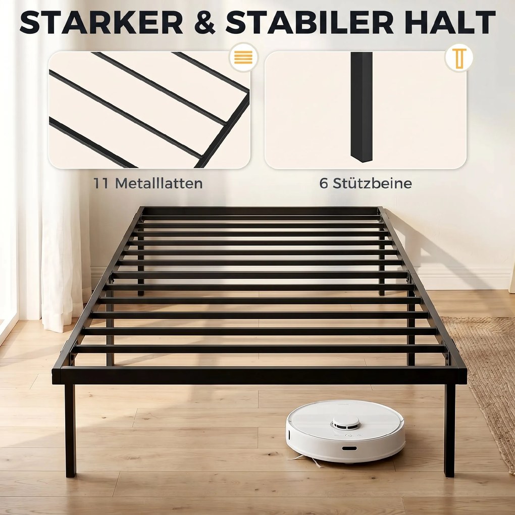 HOMCOM kovový rám postele s úložným prostorem pod postelí, výška 35,5 cm, tichý design, bez roštů, snadná montáž, 90 x 200 cm, černý