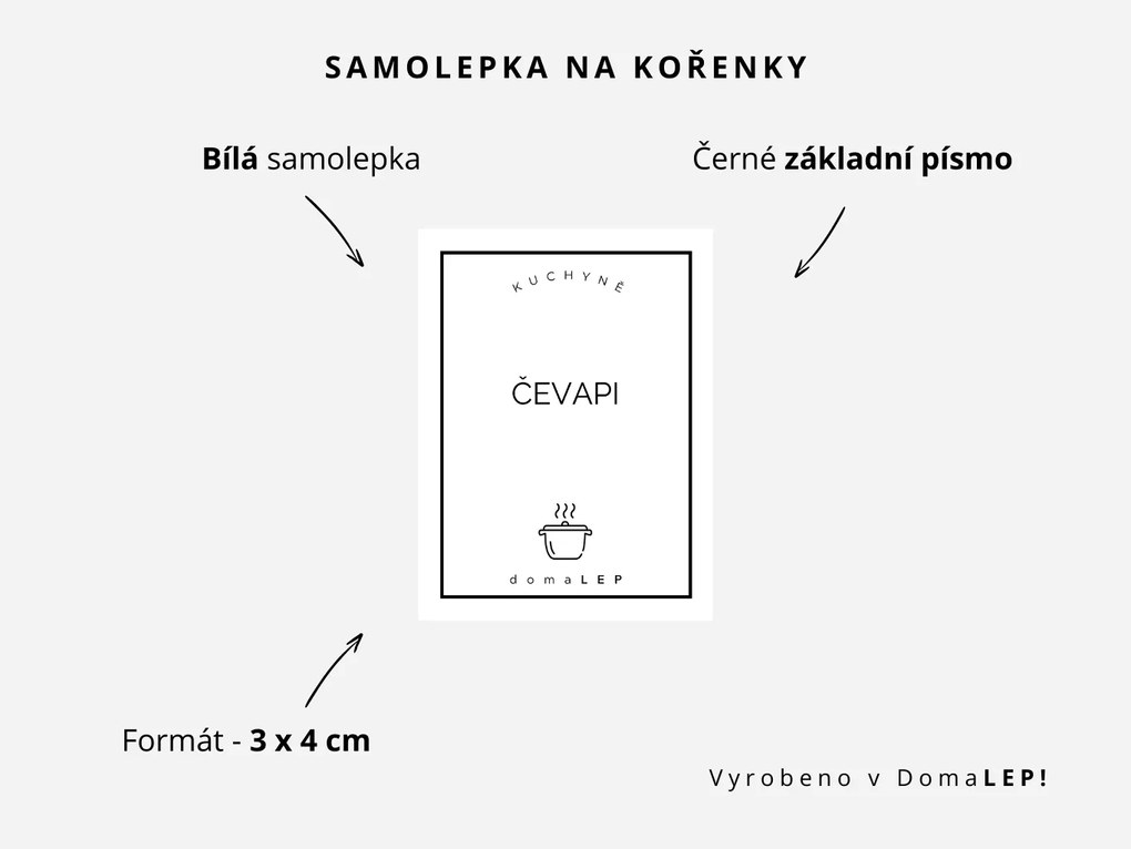 ČEVAPI - Samolepka na kořenky 3 x 4 cm - DomaLEP varianta: PRŮHLEDNÁ - základní písmo