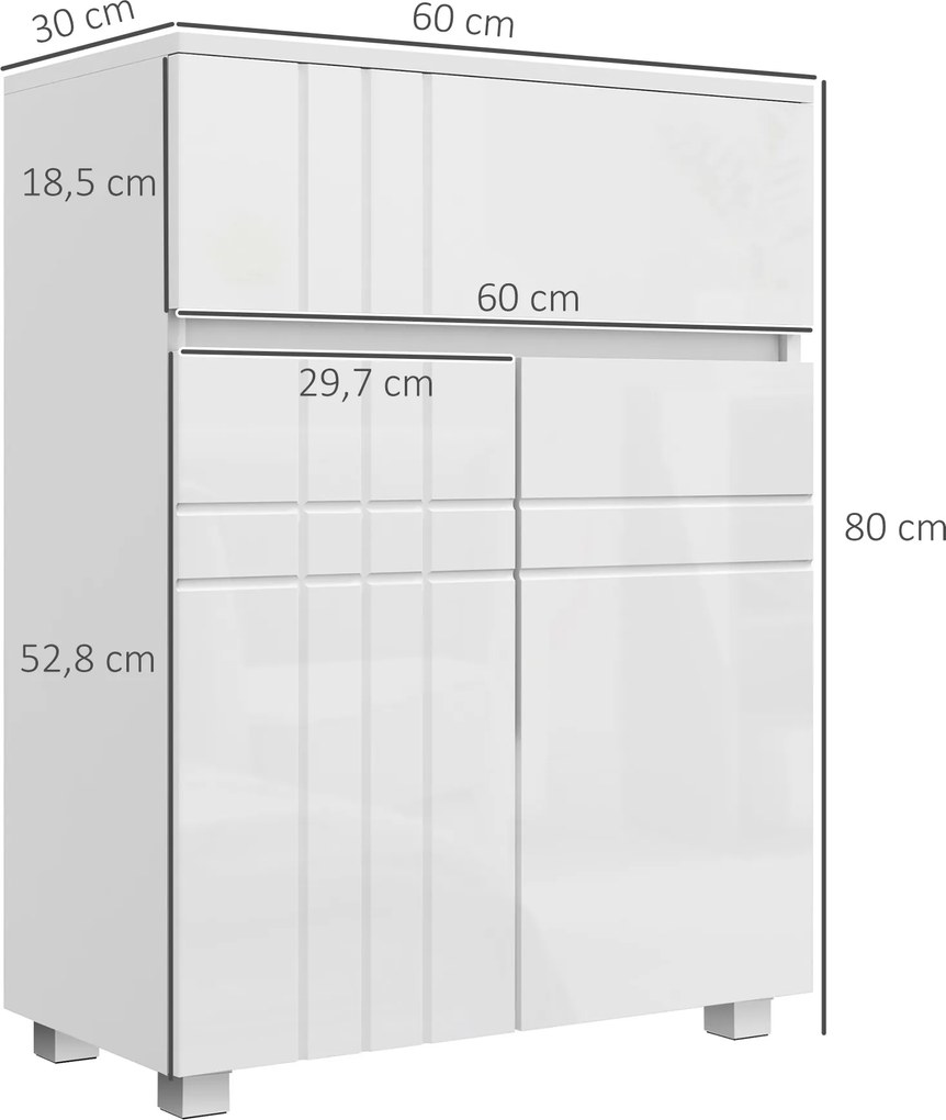 Kleankin volně stojící koupelnová skříňka s 2 dveřmi, 1 šuplíkem, nastavitelnou policí, leskle bílá, 60Š x 30H x 80V cm | Aosom