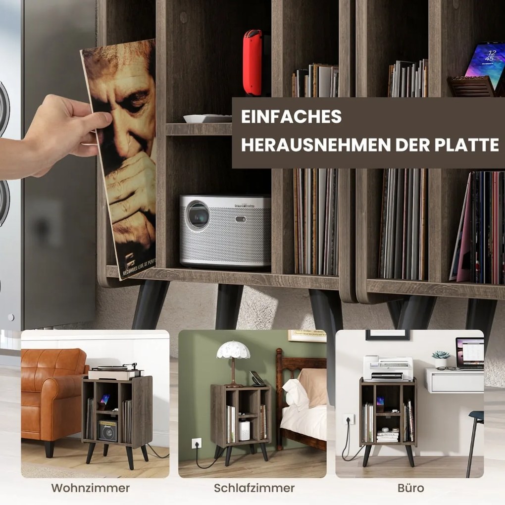 Costway Stojan na gramofon s nabíjecí stanicí a 4 otevřenými policemi gramofon